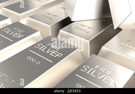 stock of silver bullion in silvered background 3d rendering ...