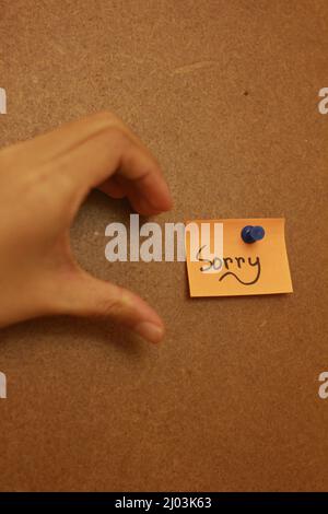 Sorry text written on sticky note concept designed with woman hand ...
