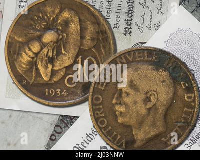 Vintage fascist Italy Lira coins, depicting king Vittorio Emanuele ...