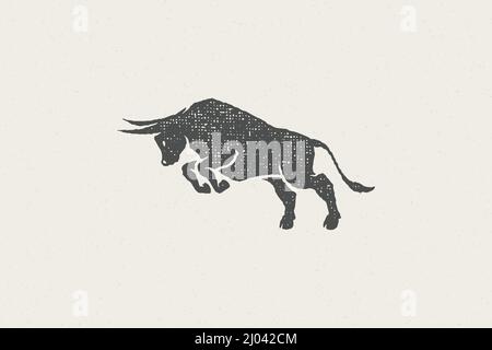 Angry black ox silhouette leaping and goring on farm hand drawn stamp ...