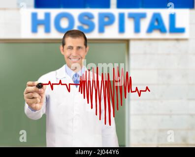 drawing chart heartbeat next hospital building Stock Photo - Alamy