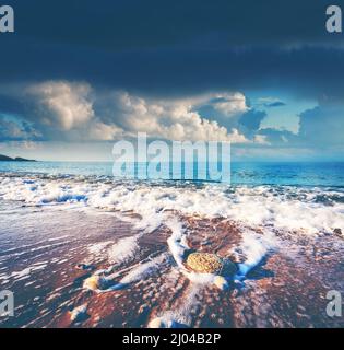 Breathtaking view azure sea glowing by sunlight. Dramatic morning scene ...