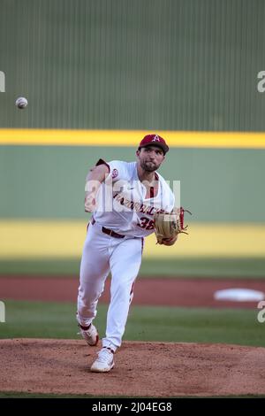The Plate. 15th Mar, 2022. Arkansas pitcher Mark Adamiak #38 delivers a ...