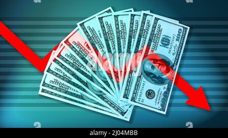 Economy graph: 100 dollar bills and downward arrow (debt, fall, loss ...