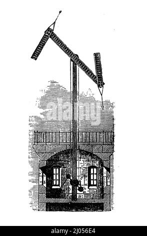 An old engraving of an optical telegraph (semaphore). It is from a ...