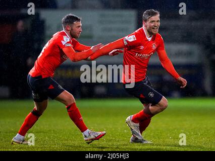 Luton Town's Luke Berry (right) celebrates scoring their first goal of ...