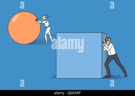 Robot push sphere leading businessman pushing box. Concept of work ...