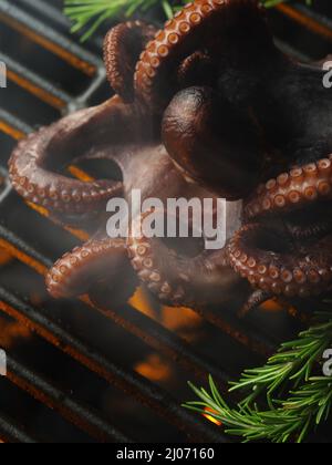 Macro shot. Octopus is grilled. Fire, smoky background. Cooking exotic ...