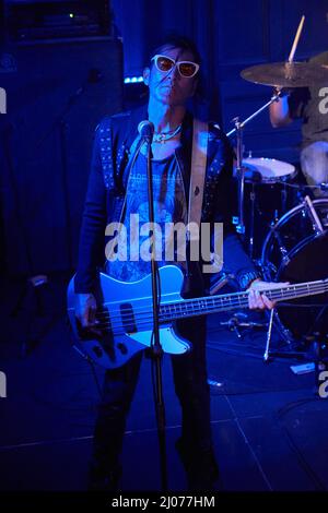 Bassist Pando performing with eighties New Wave band A Flock of ...