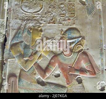 Pharaoh Seti I on right, Goddess Hathor on left, Bas Relief, Tomb of ...
