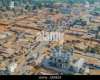 Drone shot of Ganta City (Gompa City) in Liberia, Africa under the ...