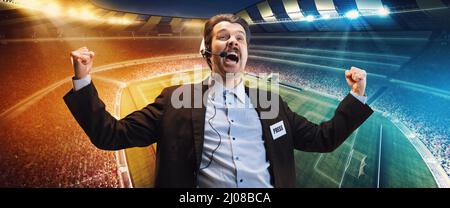 Excited man, professional sport commentator having online broadcast of ...