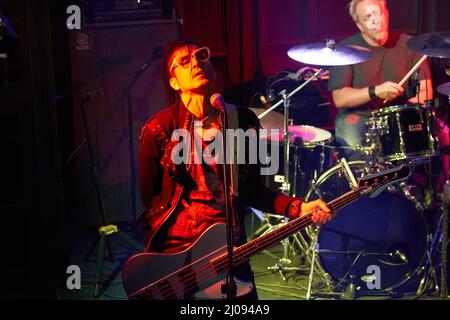Bassist Pando performing with eighties New Wave band A Flock of ...