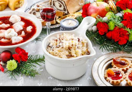 Pickled cabbage and mushroom salad . Festive dish Stock Photo - Alamy