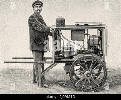 Old mobile electricity generator. Old 19th century engraved ...