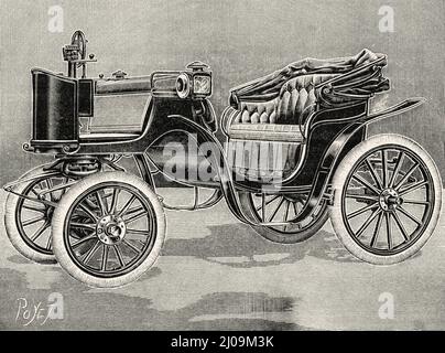 Car from the electromobile company. Old 19th century engraved ...