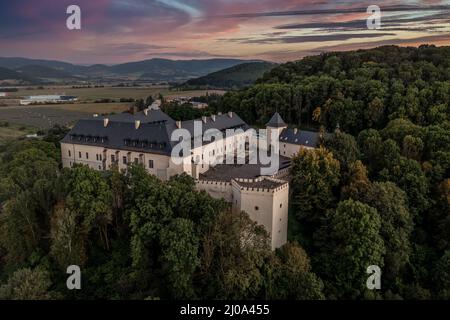 Aerial sunset view of restored medieval Viglas castle in Southern ...