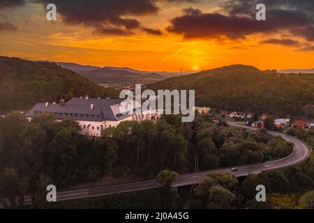 Aerial sunset view of restored medieval Viglas castle in Southern ...