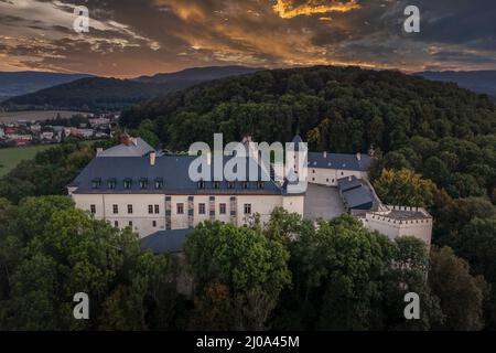 Aerial sunset view of restored medieval Viglas castle in Southern ...