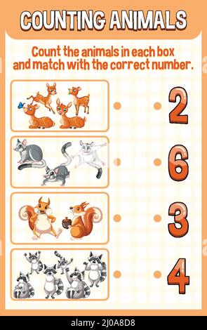 Match by count with different types of animals illustration Stock ...