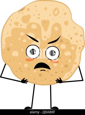 Pancake character with angry emotions, grumpy face, furious eyes, arms ...
