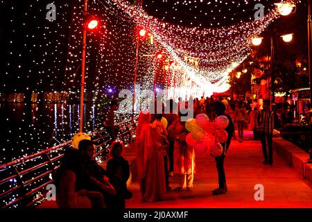 An illuminated view of Anasagar Lake During the Diwali Festival ...