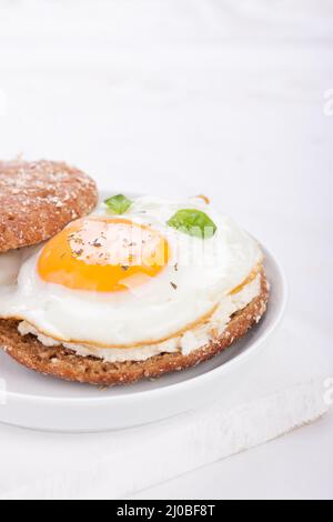 Roasted rye bread with cottage cheese salad on wooden table. Flat lay ...