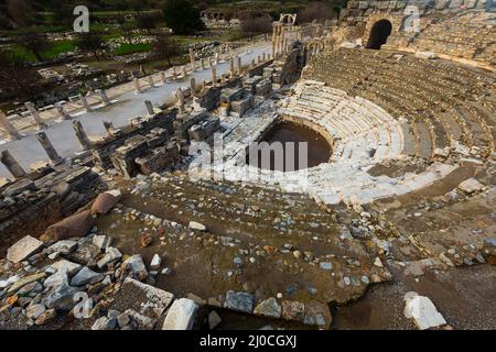 Aerial view of remains of Odeon and State Agora in Ephesus after ...
