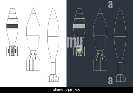 Stylized vector illustration of blueprints of mortar weapon system ...