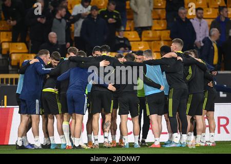 Wolverhampton Wanderers group huddle during the Premier League match ...