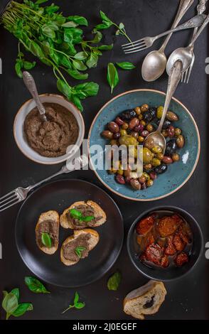 Tapenade and assorted provence snacks Stock Photo - Alamy