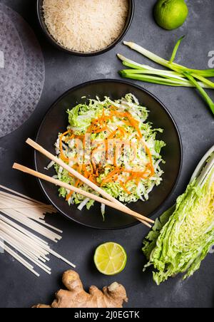 Top view Vietnamese vegan food for diet meal, vegetarian macaroni soup ...