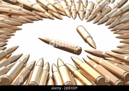 Golden bullets AK-47 cartridges laying on the white background in shape ...