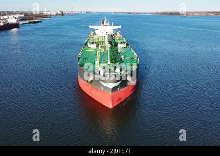 An aerial view of an Oil Tanker unloading at Teesside refinery ...