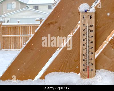 A Thermometer on a snow fall with a cold temperature Stock Photo - Alamy