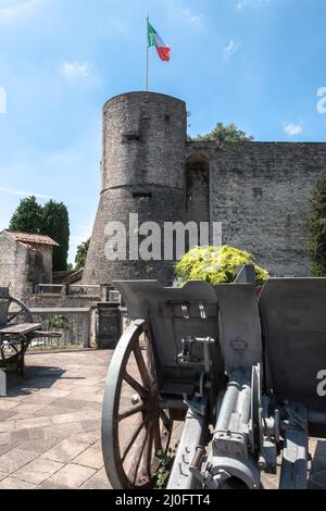 The medieval Rocca di Bergamo fortress is surrounded with lush green ...
