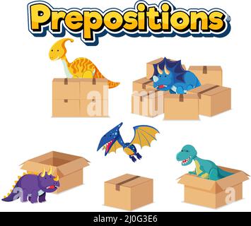 Preposition of place with cartoon dinosaur and boxes illustration Stock ...
