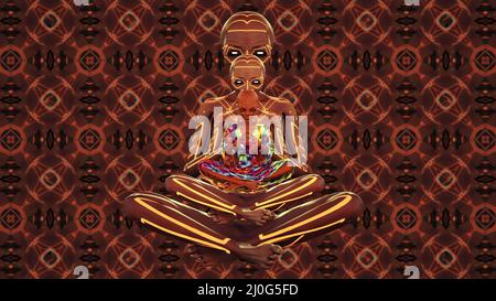 Seamless loop alien with body paint meditating or doing yoga om a ...