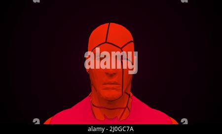 Futuristic human head with collapsing face. Computer generated modern ...