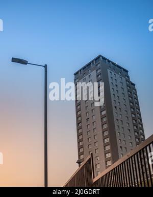 Exterior of council housing tower block Abbey Estate in Camden, London ...