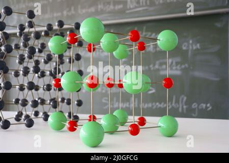 Atomic model in chemistry classroom with chalkboard in background Stock ...