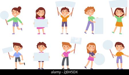 Kids holding banners. Kid hold signs, students with placards. Cute ...