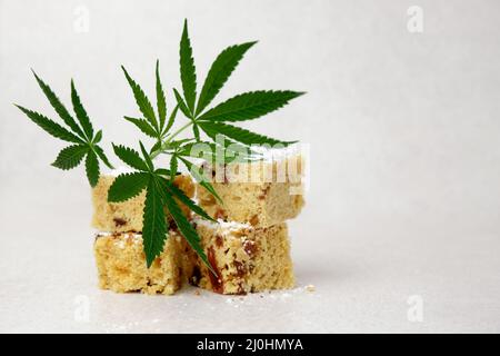 Homemade pie and powdered sugar with CBD oil. Cannabis kitchen ...