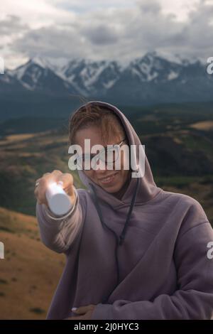 Woman with flashlight in summer Altai mountains in Kurai steppe Stock ...