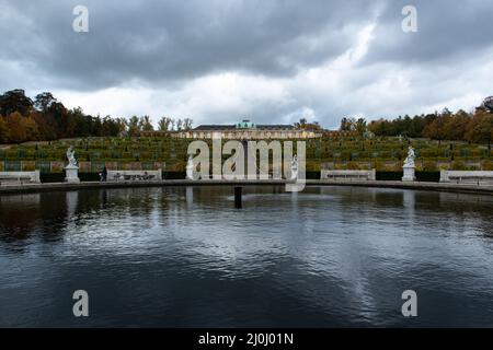 Sanssouci Palace with a pond and vineyard terraces Stock Photo - Alamy