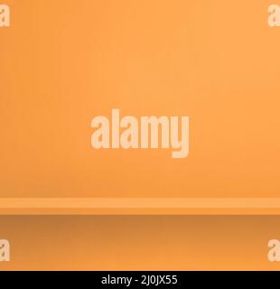 Empty shelf on light orange wall. Background template scene. Horizontal ...