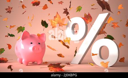 Piggy bank with white percent in autumn leaves Stock Photo - Alamy