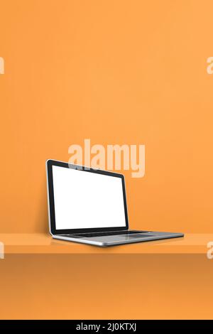 Laptop computer on orange shelf background banner. 3D Illustration ...