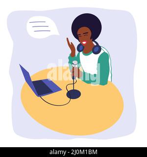 Radio podcast, laptop or black man with microphone interview ...