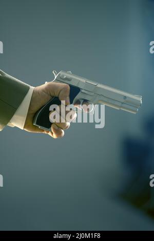 Male detective spy killer holding pistol gun in dramatic novel book ...